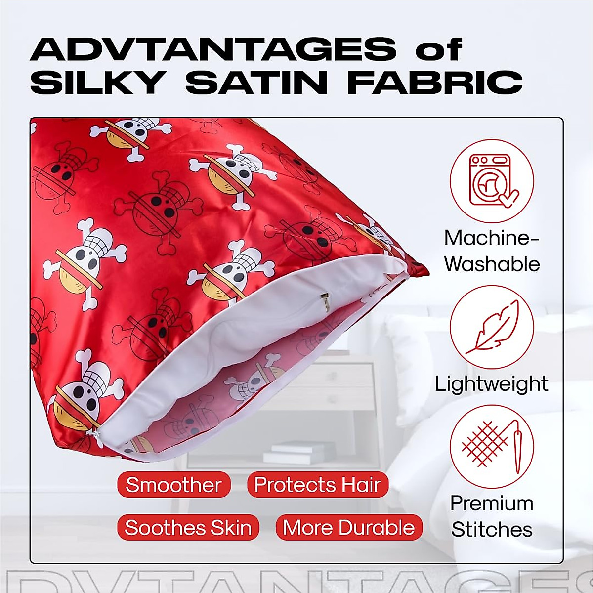 Silk Anime Pillow Case - Decorative Pillows Cover Couch Bed, Satin Smooth Fabric Pillowcase with Zipper for Hair and Skin, RS
