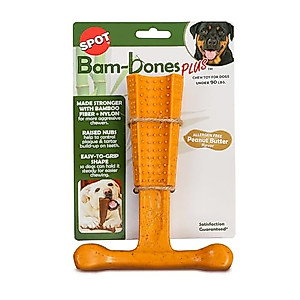 SPOT Bam-Bones Plus T Bone - Bamboo Fiber & Nylon, Durable Long Lasting Dog Chew for Aggressive Chewers – Toy for Dogs & Puppies Under 90lbs, Non-Splintering, 7in, Allergen Free Peanut Butter Flavor