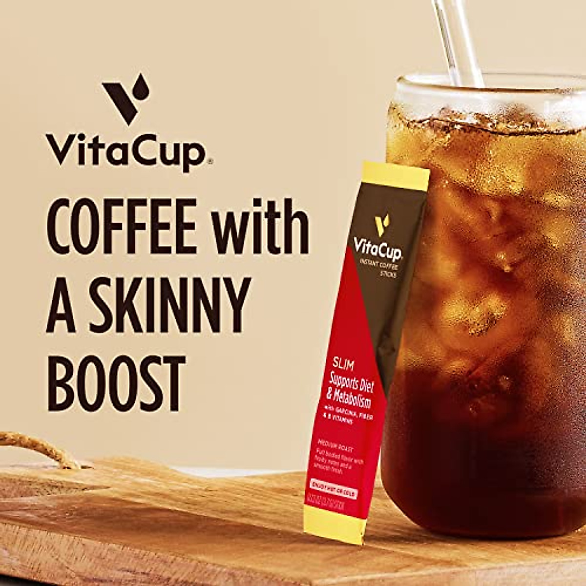 VitaCup Slim Instant Coffee Packets, Boost Diet & Metabolism with Ginseng, Garcinia, B Vitamins, Skinny Coffee, Bold & Smooth, Medium Dark Roast, 100% Arabica Coffee in Single Serve Sticks, 48 Ct