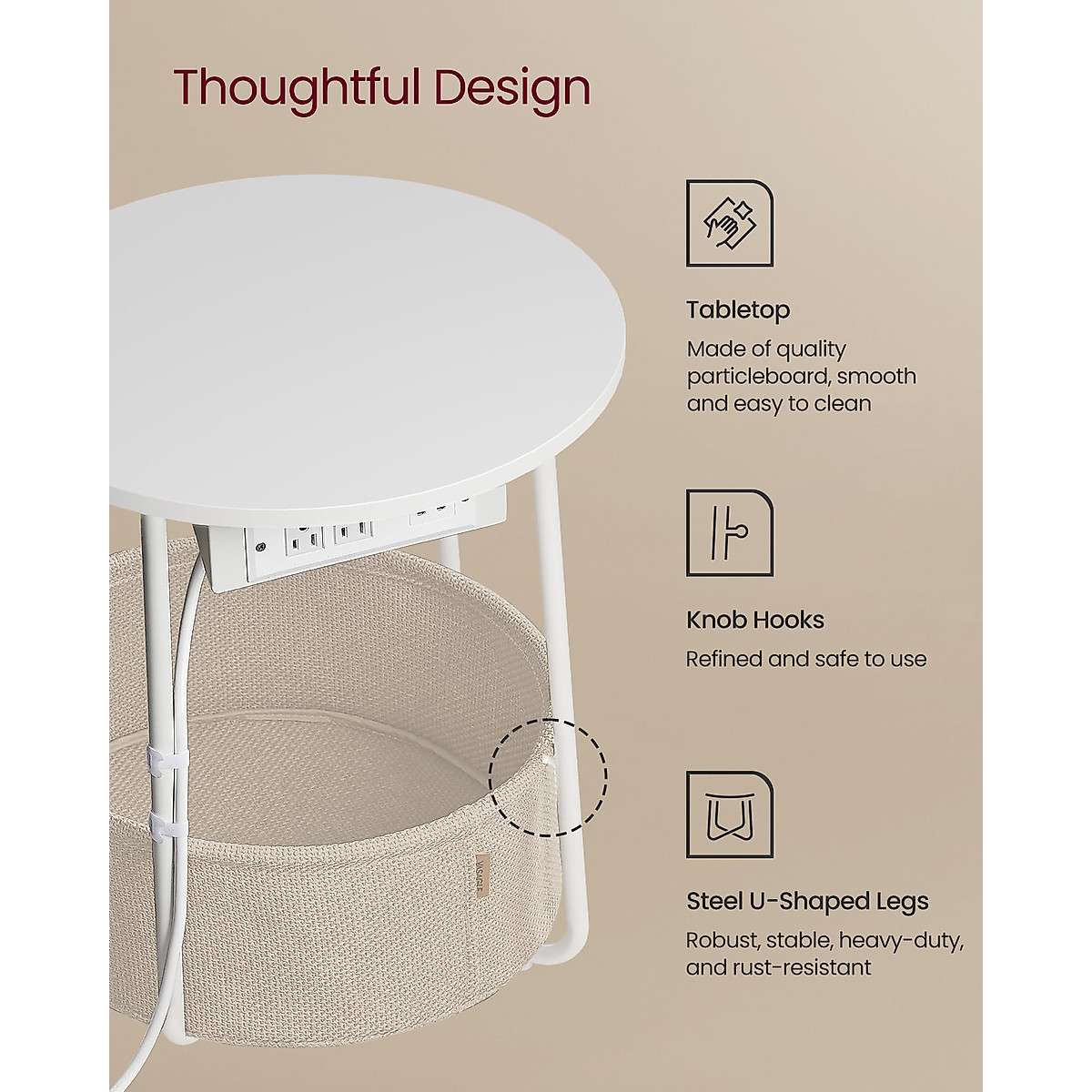VASAGLE Side Table with Charging Station, Round End Table With Fabric Basket, Nightstand with Power Outlets USB Ports, for Living Room, Bedroom, Modern, Matte White and Camel Brown ULET228W01