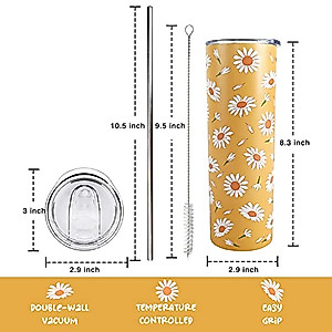 Floral Tumbler, Daisy Gifts for Women, Daisy Coffee Travel Mug, Cute Skinny Tumbler with Lid and Straw, Daisy Flowers Items, Unique Birthday Gifts for Women, Friends Female - 20Oz Daisy Water Bottle