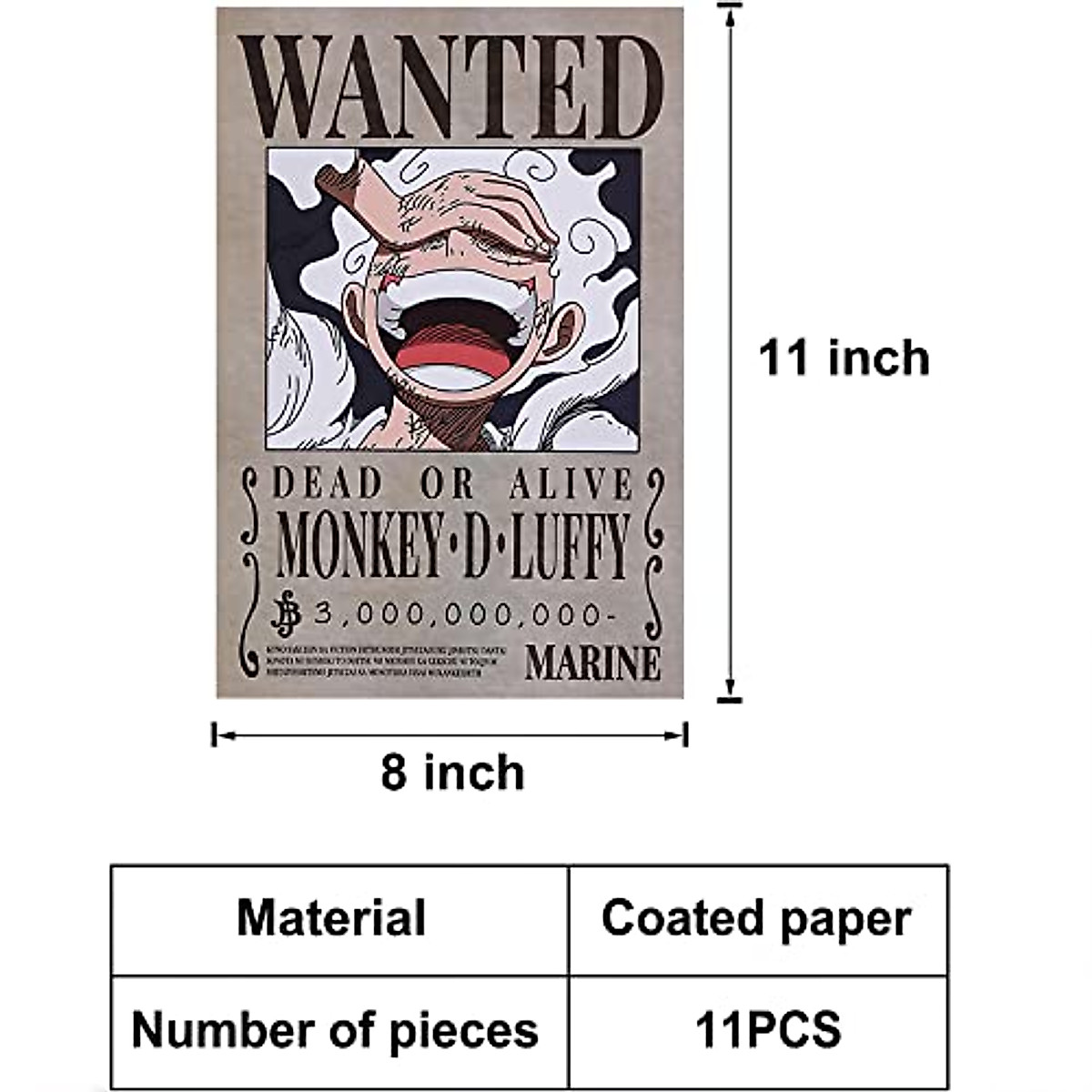 CNMLGB 11 PCS Nika Luffy 3 billion Wanted Bounty Paper Poster 10 Straw Hat Pirates Crew Zoro Sanji Nami Usopp Chopper Robin Franky Brook Jinbei 1 PC Flag (11×8 in)