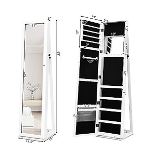 COSTWAY Standing Jewelry Cabinet, Large Capacity Jewelry Organizer w/Full-Length Mirror & Rear Storage Shelves, Lockable Mirror Jewelry Armoire with Keys for Girls Women (White)