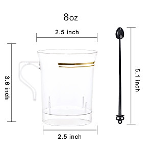 Nervure 60 Pack Clear Gold Plastic Coffee Mugs with 60 PCS Black Coffee Stirrers - 8oz Disposable Coffee Cups with Handles & 5inch Coffee Stirrers - Plastic Tea Cups with Gold Rim for Party