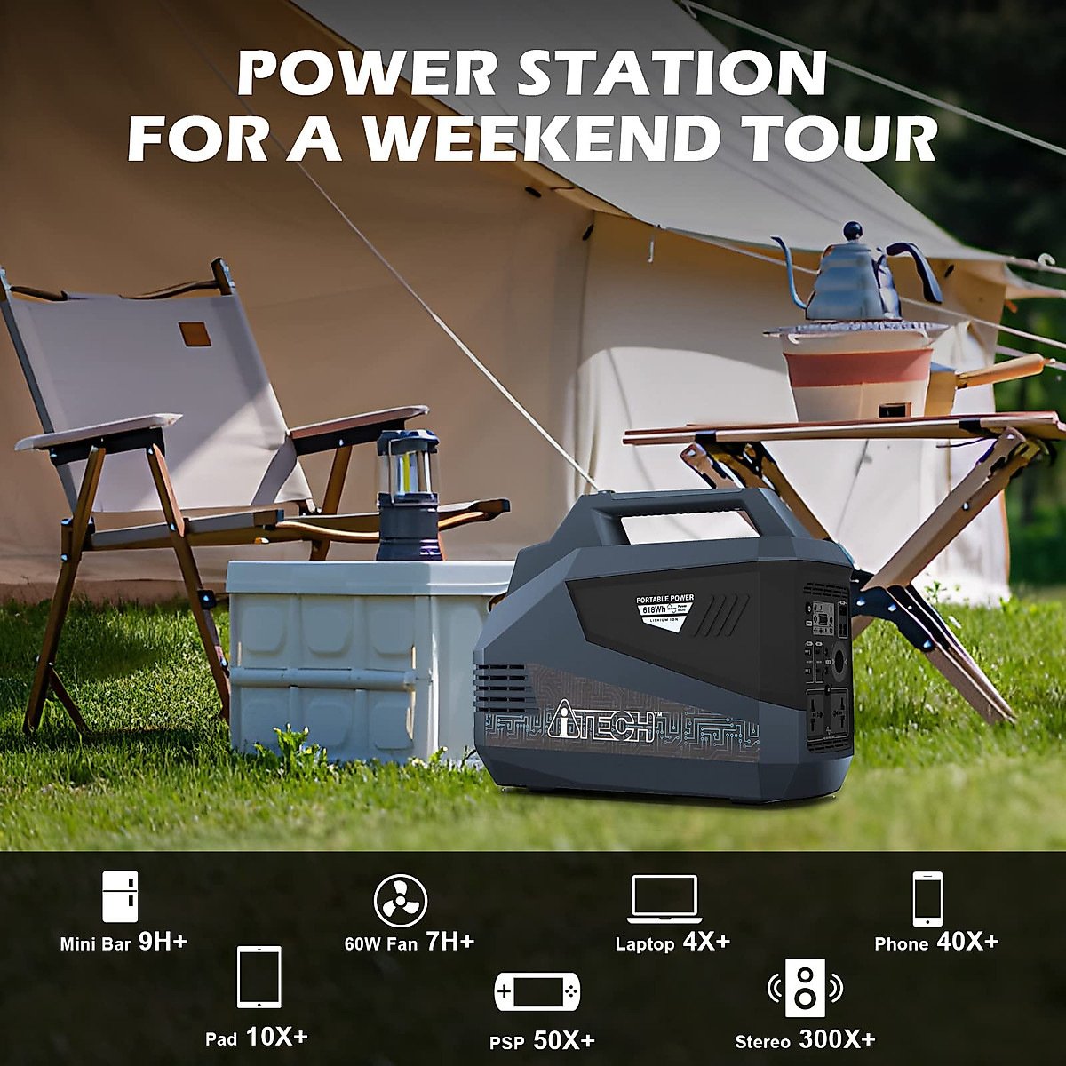 A-ITECH 618Wh Portable Power Station 600W, Battery Capacity Solar Generator with AC Outlets, DC, Fast Charging USB, Backup Supply for Camping, Outdoor, RV, Emergency