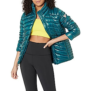 GUESS womens Hooded Packable Puffer Transitional Jacket, Emerald, Medium US