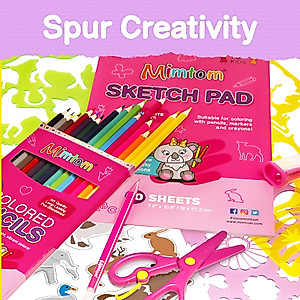 Mimtom Drawing Stencil Kit for Kids, 51 PC Art Set with 270+ Shapes, Sketch Pad, and Colored Pencils for Child's DIY Arts and Crafts, Draw with Princess, Fairies and Animal Stencils, Pink