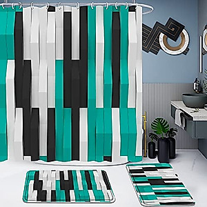 YOKYHOM Green Bathroom Sets with Shower Curtain and Rugs, 3 Piece Striped Bathroom Shower Curtain Sets with Rugs, Incl 71'' x 71'' Shower Curtain with 12 Hooks, 2 Pcs 30'' x 18'' Non Slip Bath Mats