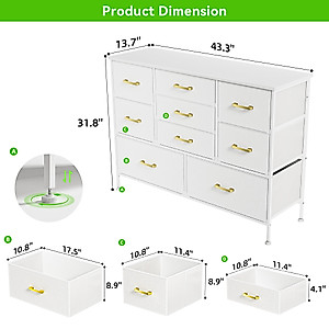 YILQQPER Dresser for Bedroom with 9 Drawers, Dresser TV Stand for 50" TV, Wide Bedroom Dresser Storage Organizers, Fabric Chest of Drawers, Dresser for Living Room, Closet, White
