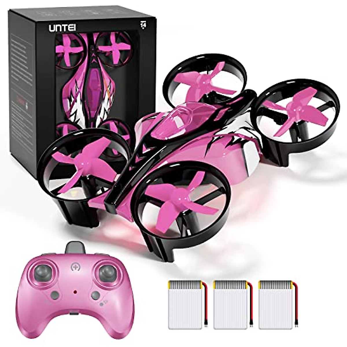 UNTEI 2 In 1 Mini Drone for Kids Remote Control Drone with Land Mode or Fly Mode, LED Lights,Auto Hovering, 3D Flip,Headless Mode and 3 Batteries,Toys Gifts for Boys Girls (Harbor Pink)