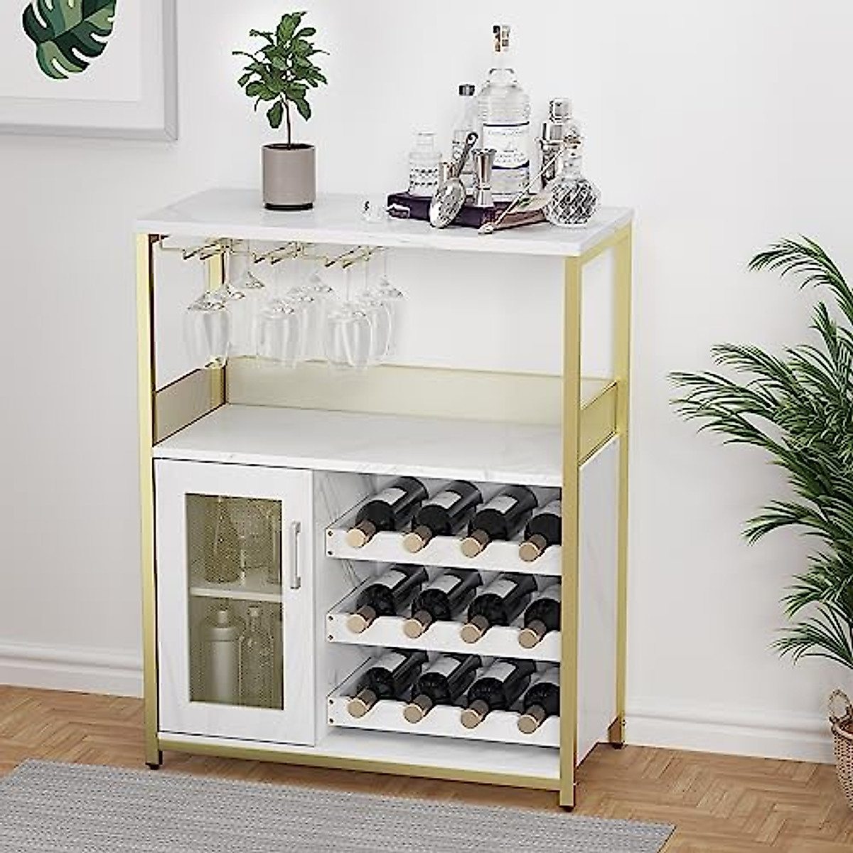 GAOMON Wine Bar Cabinet with Removable Wine Racks and 1 Drawer,Bar Cabinet with Glass Holder and Mesh Door for Liquor and Glasses(Gold)