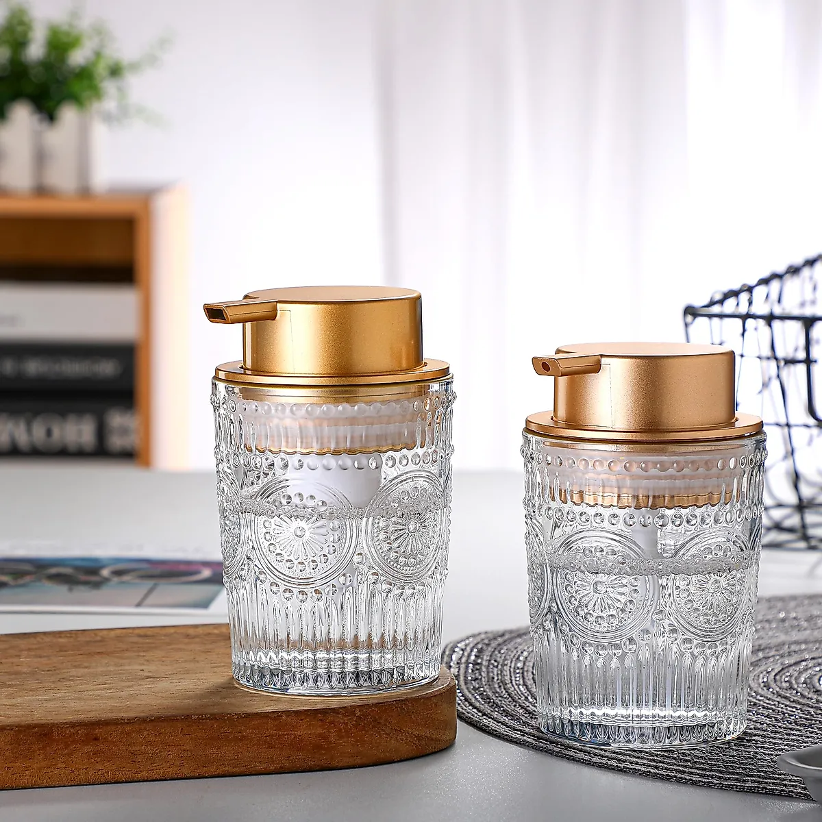 MKLZ 8 Oz Glass Foam Soap Dispenser, Clear Hand Liquid Bottles with Gold Plastic Pump, Refillable Round Foaming Lotion Dispensing for Kitchen Sink & Bathroom Counter