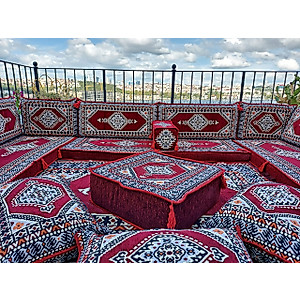 Traditional Floor Cushions, U Shaped Maroon Sectional Sofas, Arabic Floor Sofa Set, Pallet Sofa, Arabic Majlis, Yoga Meditation Sofas (U Sofa Full Set)