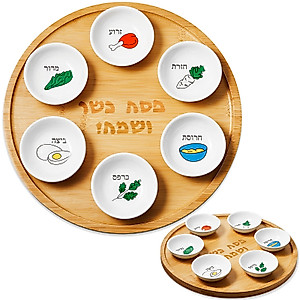 2 Set Seder Plate for Passover Include 2 Bamboo 11" Passover Gift Plate 12 Ceramic Bowls Judaic Passover Seder Plate Set Traditional Passover Plate Seder Plate for Pesach Decor Jewish Gift