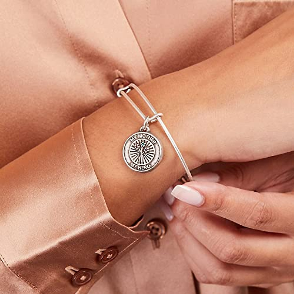 Alex and Ani Connections Expandable Bangle for Women, My Mother My Hero Charm, Rafaelian Silver Finish, 2 to 3.5 in