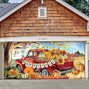 Preboun Fall Thanksgiving Garage Door Banner 6 x 13ft Extra Large Red Car Pattern Happy Fall Garage Door Decorations Backdrop with String Pumpkins Garage Door Cover for Outside Party Wall Window Yard