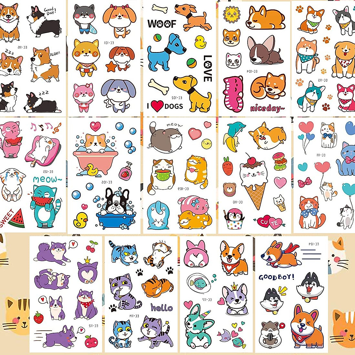 Ooopsiun Dog and Cat Temporary Tattoos for Kids,14 Sheets Cute Dog Cat Birthday Party Supplies Favors Fake Tattoos Art Craft for kids Boys Girls