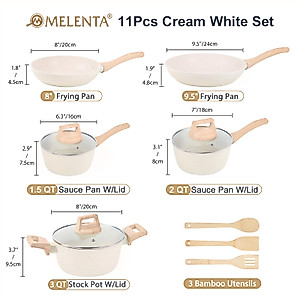 M MELENTA Granite Pots and Pans Set Ultra Nonstick, 11 Piece Die-Cast Cookware Sets with Frying Pan, Sauce Pan, Stockpot, Stay Cool Handle & Kitchen Utensils, Gas/Induction Compatible, 100% PFOA Free