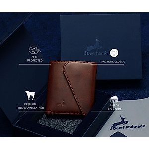 DEERHANDMADE Leather Wallet for Men | Fancy Bifold Handcrafted Mens Wallet with Magnetic closer & RFID Protection | Holds 6-10 Cards,1 ID Window, Cash Components (Garnet Edition, Dark Brown)