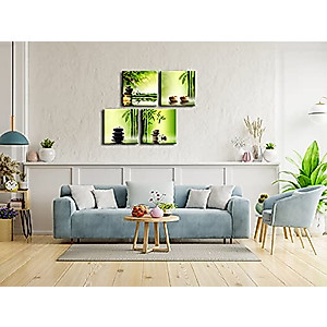 Pyradecor Modern 4 Panel Stretched Contemporary Zen Canvas Prints Perfect Bamboo Green Pictures on Canvas Wall Art for Home Office Decorations Living Room Bedroom