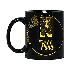 Coffee Mug Personalized Nilda Name & Initial Letter Monogram Floral Alphabet Mug Golden Flowers Custom Black Coffee Cup, Gift for Her Mom Coworker Sister, Wife, Girl 11oz Black Mug 656743