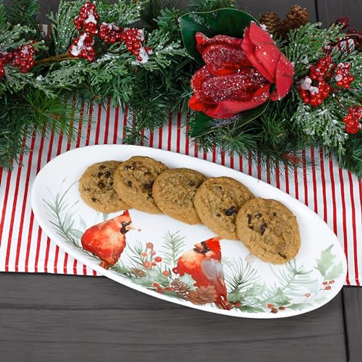 AuldHome Cardinal Ceramic Christmas Platter; Oval Holiday Serving Plate and Tray
