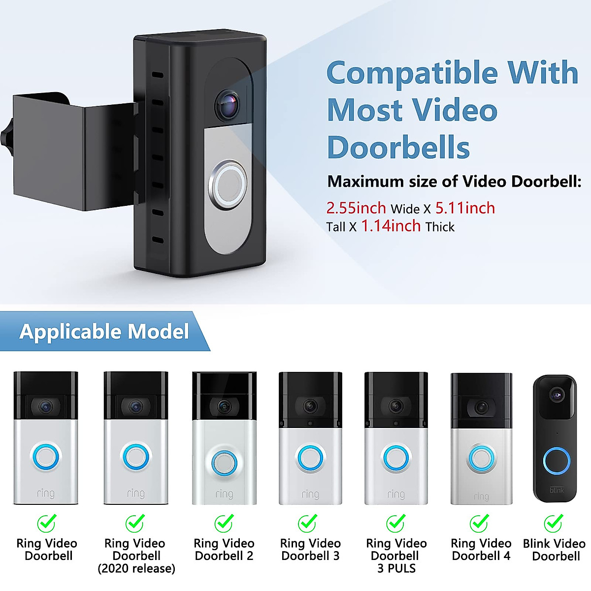 ODSD Video Doorbell Mount Anti-Theft, Adjustable Angle Mounting Cover Accessories for Camera Doorbell 1/2/3/3 Plus/4, No-Drill for Department Home Office Door Raven Black