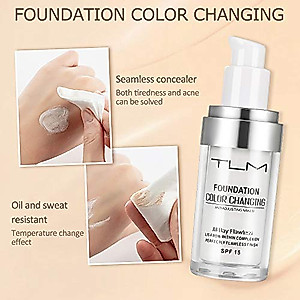 2pcs TLM Color Changing Foundation Liquid with 2 Brushes and 2 Cosmetics Sponge Flawless Full Coverage Natural Color Face Primer Base Makeup 30ml