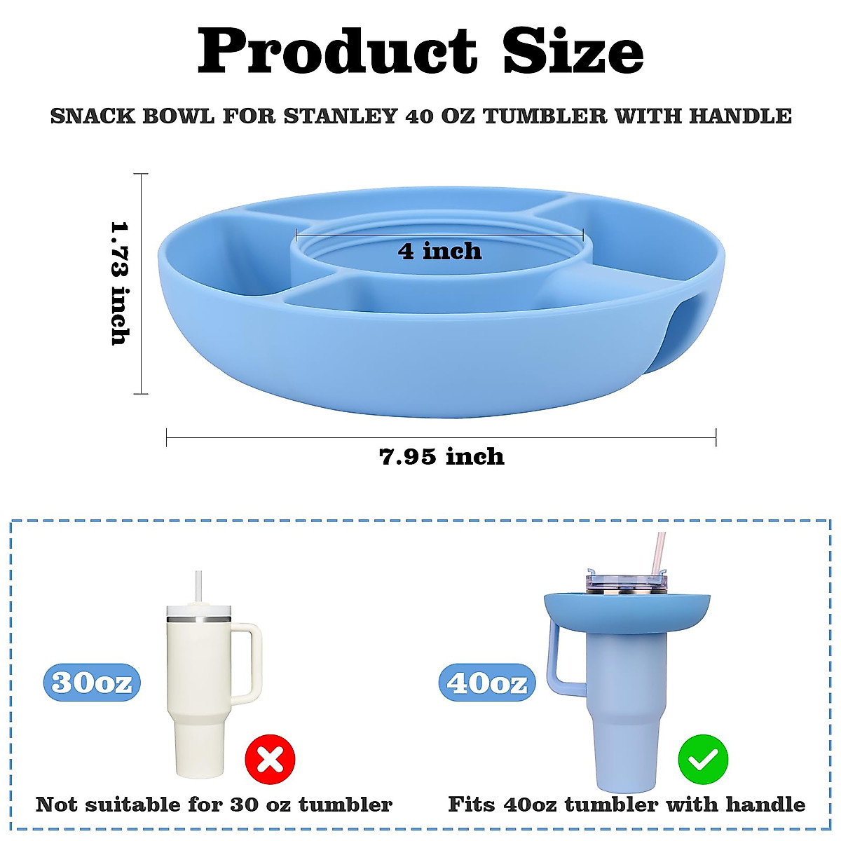 BokingOne Snack Bowl for Stanley 40 oz Tumbler with Handle, Portable Snack Holder Stanley Cup with 4 Compartment, Accessories Reusable Snack Tray (Blue)