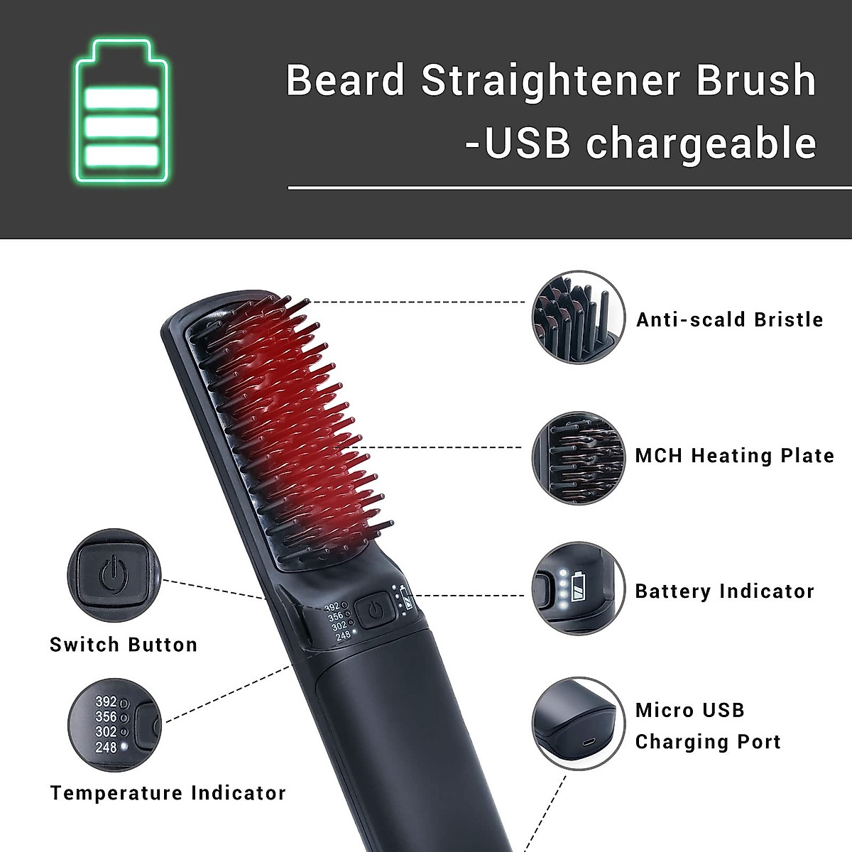 IHHAIR Premium Beard Mini Straightener Brush, Professional Straightener Brush for Men, Rechargeable 6400 mAh Straightening Tool Heated Comb, for Short & Long Beards for Home and Travel