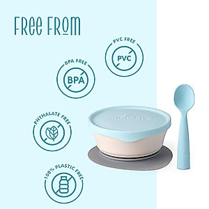 Miniware First Bites Set with Cereal Bowl, Detachable Suction Foot, and Training Spoon for Baby Toddler Kids - Promotes Self Feeding | Eco-Friendly and BPA Free | Dishwasher Safe (Vanilla & Aqua)