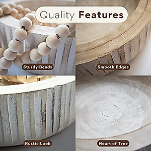 FJ Designs Decorative Bowl Set - Farmhouse Wooden Bowl, Beads Garland | Neutral Home Decor | Coffee Table Centerpiece | Key Bowl for Entryway | Boho | Rustic