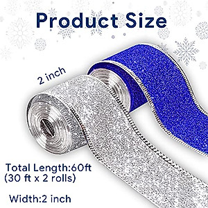 Wired Ribbon Christmas Ribbon Wired Edge 2”x 60 ft(2 Rolls x 30ft) Glitter Ribbon for Gift Wrapping Christmas Tree Ribbon Party Decor Wreath Bows Crafting Supplies(Sliver, Blue)
