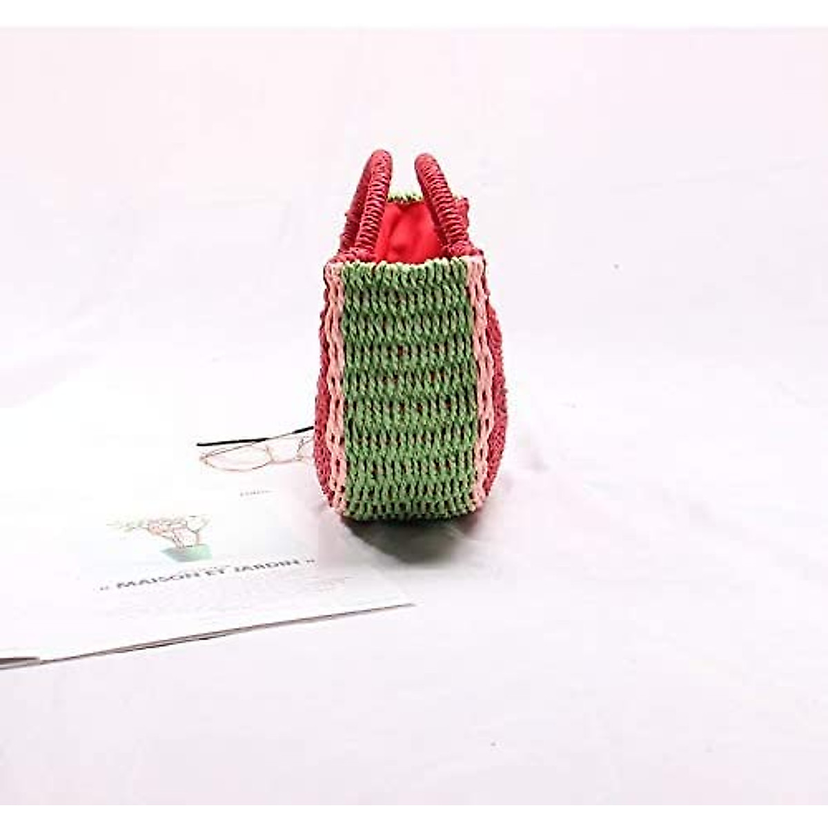 QTKJ Semi-circle Rattan Watermelon Straw Handbags, Hand-woven Summer Fruit Shape Beach Straw Bag with Round Handle for Women (Red Watermelon)