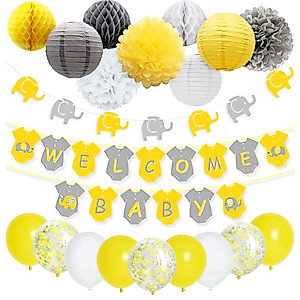 JOYMEMO Yellow Grey Elephant Baby Shower Decorations Neutral for Boy or Girl, Welcome Baby Banner Elephant Garland Confetti Balloons for Gender Neutral Baby Decor