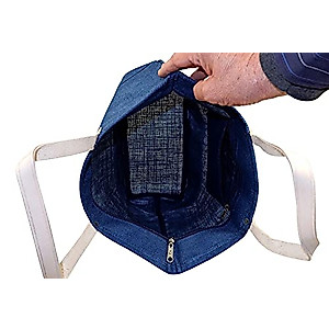 Jute Tote Bag With Leather Handles - Burlap Tote Bags With Zipper, Burlap Purse, Shopping tote Bag for women, Handbag (Navy Blue)