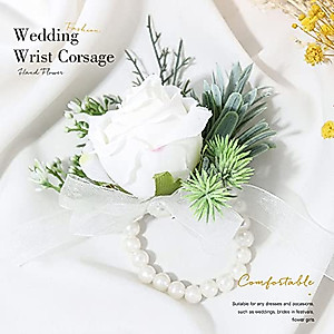 CASDRE Bridal Wrist Corsage Pearl Bride Wedding Hand Flower Corsage Wristlet Wedding Accessories for Women and Girls (White)