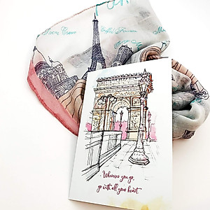 Smiling Wisdom - Wherever You Go, Go With All Your Heart Greeting Card & Paris Scarf Gift Set - Beginnings Goodbye Retirement Journey - Women Grey Peach White (Paris)