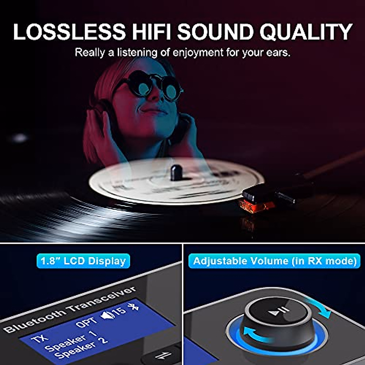 Ainostone Bluetooth 5.0 Transmitter Receiver for 2 Headphones 2-in-1 Audio Adapter with LCD Display Low Latency Long Range Volume Adjustable Optical AUX RCA Bypass for Headphone Speaker TV Home Stereo