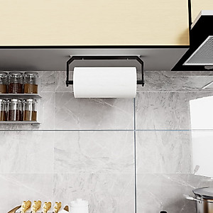 VEHHE Paper Towel Holder Under Cabinet, Perfect Tear Under Counter Paper Towel Holder, Adhesive or Drilling Paper Towel Roll Holder Wall Mount for Kitchen, Easy-Change Paper Towel Rack|Black