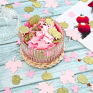 300 Pieces Fall Thanksgiving Pumpkin Maple Leaf Confetti Pink and Gold Pumpkin Confetti Baby Shower Glitter Pumpkin Decorations Table Confetti for Birthday Christmas Party Supplies, 3 Styles