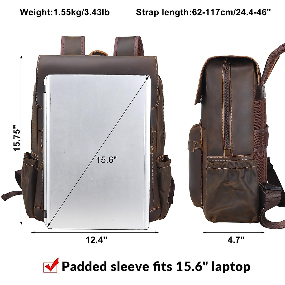 Vintage Full Grain Leather 15.6 Inch Laptop Backpack for Men Casual Travel Work Bag Bookbag Daypack with YKK Zipper Brown, Large