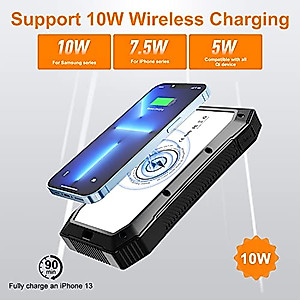ABFOCE Solar Power Bank 36800mAh 12V1.5A 18W PD QC 3.0 USB C Fast Charging 10W Wireless Portable Charger with 4 Outputs and 44 LED Lights, IP65 Waterproof Battery Pack Compatible with iPhone, Android