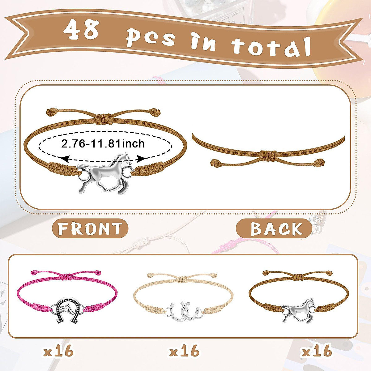 Sureio 48 Pcs Horse Rope Braided Bracelet Gifts Bulk Horse Goodie Party Favors Western Cowgirl Cowboy Adjustable Wedding Bridal Shower Bracelets for Women (Rose Red, Light Brown, Dark Brown)