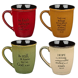 Christian Art Gifts Set of Four Rustic Stoneware Coffee/Tea Mugs w/Bible Verses Sage Green, Ivory, Paprika Red, Pumpkin Orange Inspirational Coffee/Tea Cup for Men and Women