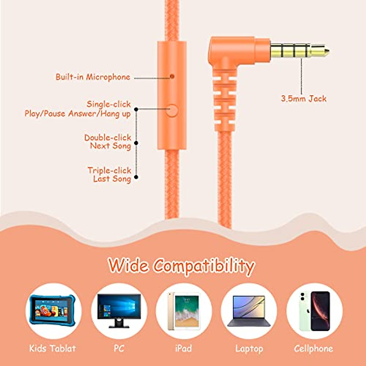 BASEMAN Kids Headphones with Microphone for School Foldable Earphones Kids On Ear Wired Headphones with Volume Control Corded Headset for Boys Girls Children Toddler Travel Computer - Orange