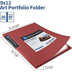 Sooez 30-Pocket Binder with Plastic Sleeves 9x12" (Ruby), Heavy Duty Art Portfolio Folder with Clear Sheet Protectors, Display 60 Pages, Presentation Book for Artwork, Document Organizer Binder