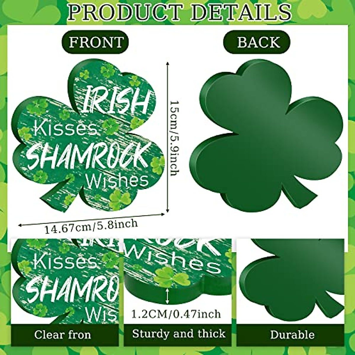2 Pcs St Patrick's Day Table Wooden Signs Shamrocks Ornaments Irish Themed 5.91x5.78 Inch Lucky Tabletop St. Patrick's Table Decor Rustic Wood Centerpieces Green Shamrock Blocks Office Home Decor