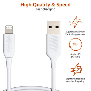 Amazon Basics USB-A to Lightning ABS Charger Cable, MFi Certified Charger for Apple iPhone 14 13 12 11 X Xs Pro, Pro Max, Plus, iPad, 3 Foot, White, (Pack of 2)