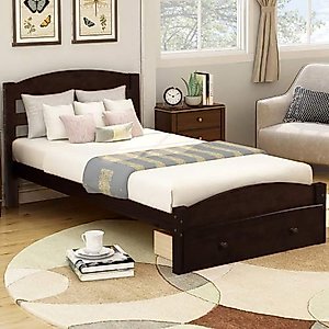 Twin Bed Frames with Storage Drawer for Kids, Modern Wooden Platform Bed Frame Twin Single Bed for Boy Girl Teens, Space Saving, No Box Spring Needed (Espresso)